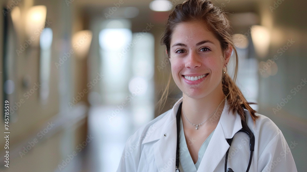In her professional attire, a young female nurse wears a warm smile ...