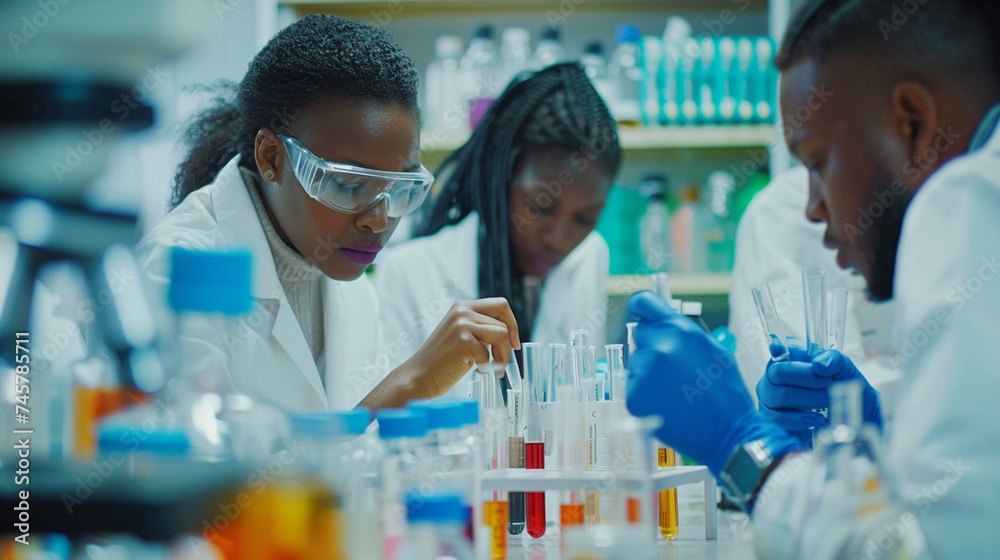 Immersed in their research, laboratory assistants huddle around a table ...