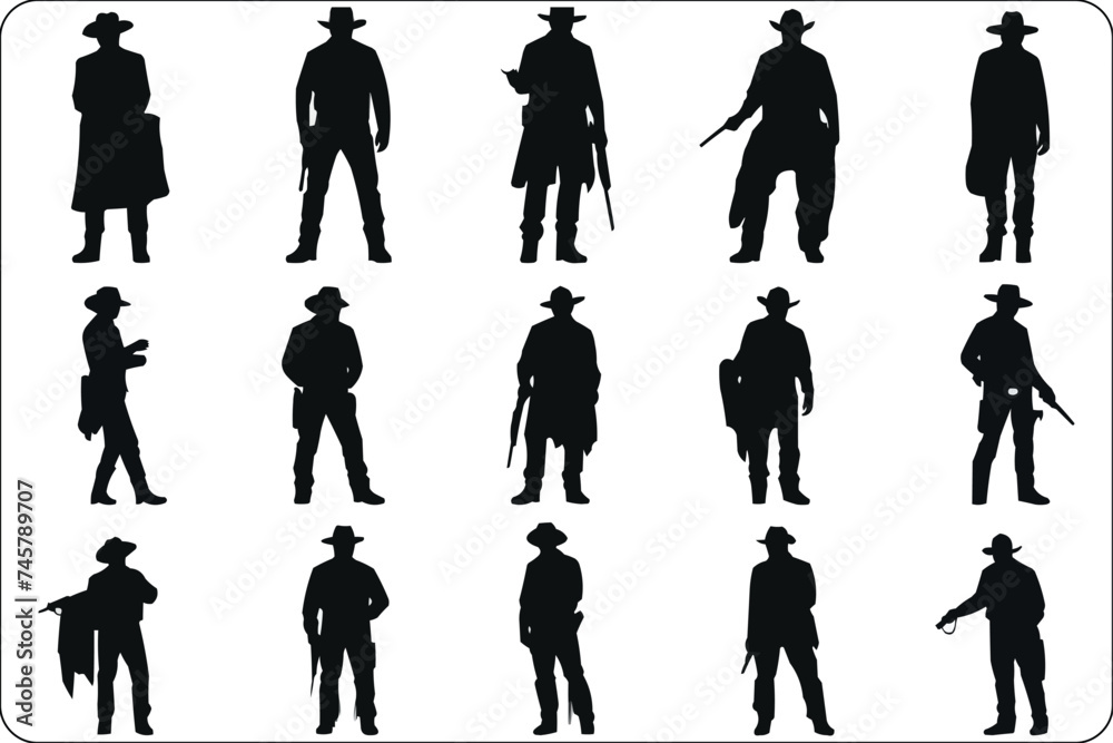 Set of cowboy silhouettes, Black silhouettes of Cowboy, silhouettes of ...