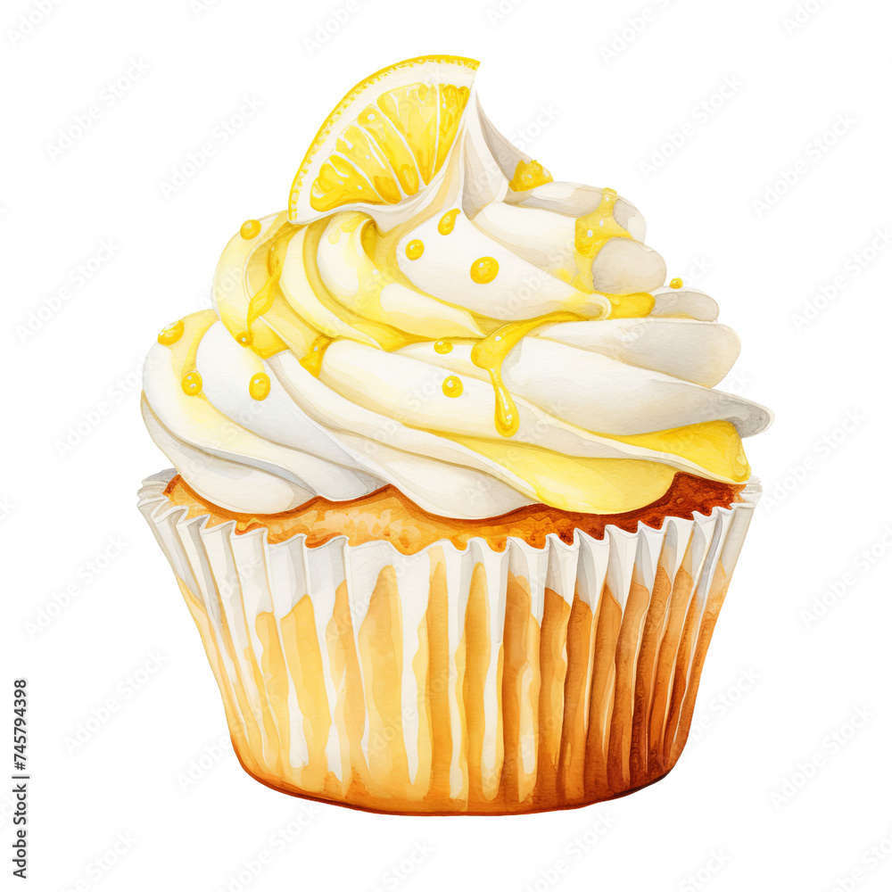 Lemon cupcake watercolor clipart illustration on transparent background ...