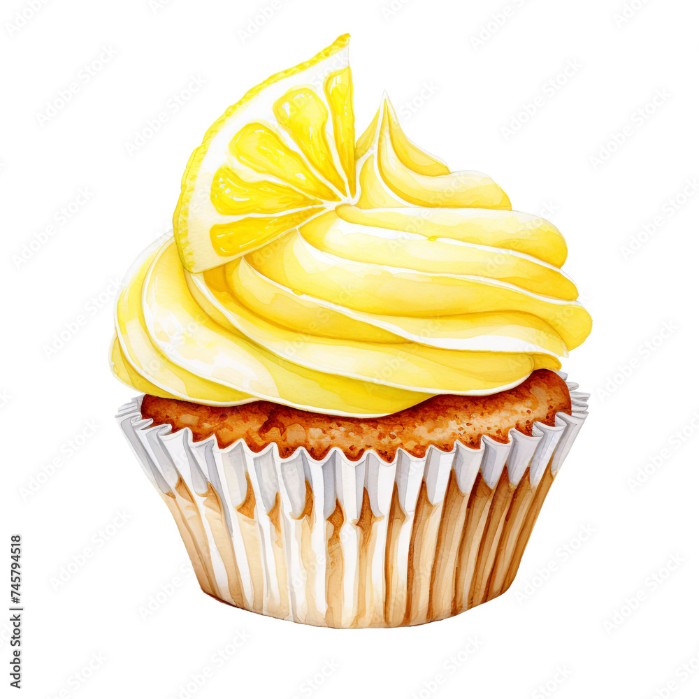 Lemon cupcake watercolor clipart illustration on transparent background ...