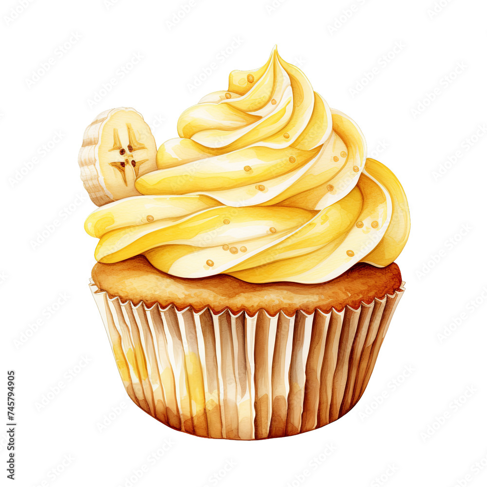 Banana cupcake watercolor clipart illustration on transparent ...