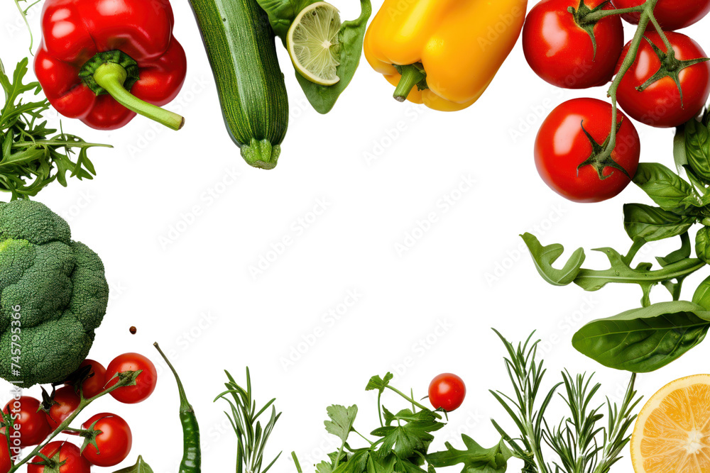 Various vegetables and fruits Isolated on transparent background. Top ...