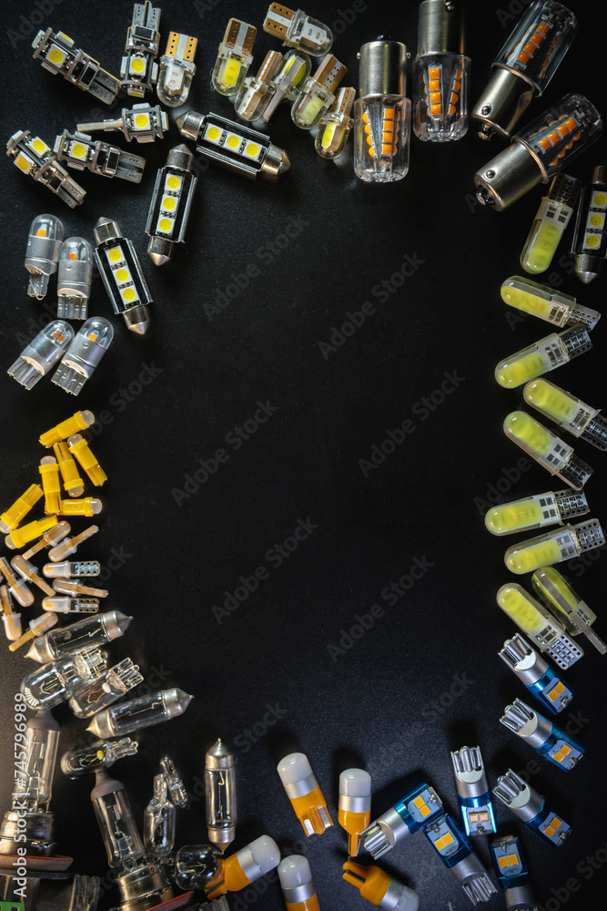 different headlight lamp on dark, black background. Modern diode ...