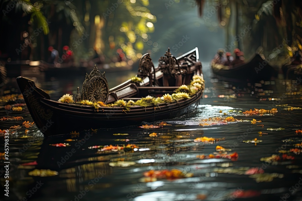 Happy Onam Festival concept with rowing a snake boat during the 'Onam ...
