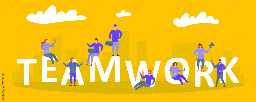 Vetor de Teamwork, different people of raise their hands together ...