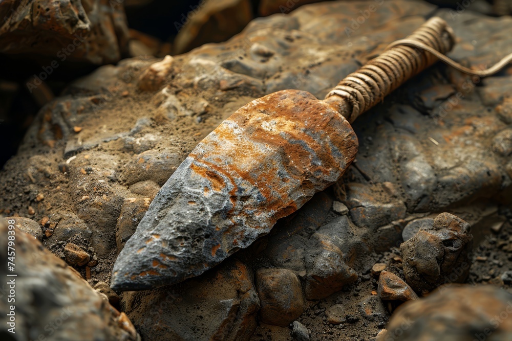 Close-up of a prehistoric tool, highlighting the raw materials and ...