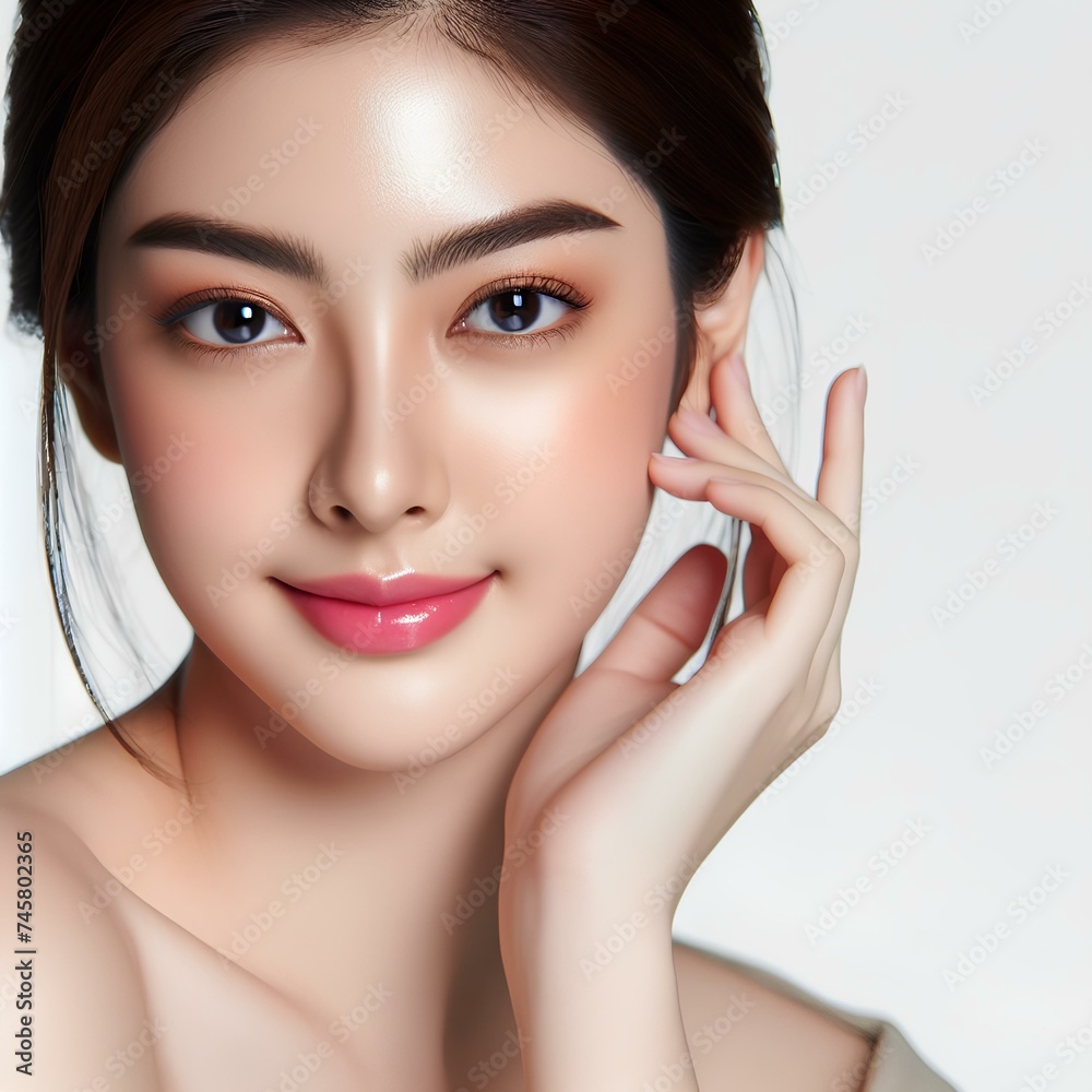 Beautiful young asian woman with clean fresh skin on white background ...