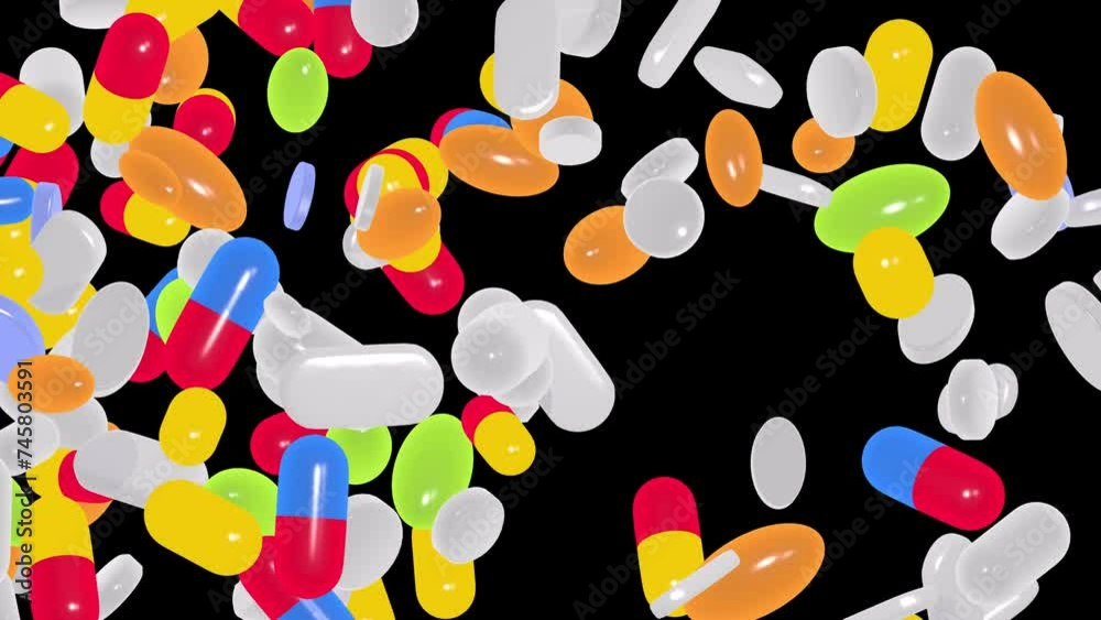 3d animation of medicine capsules and tablets floating in the air in ...