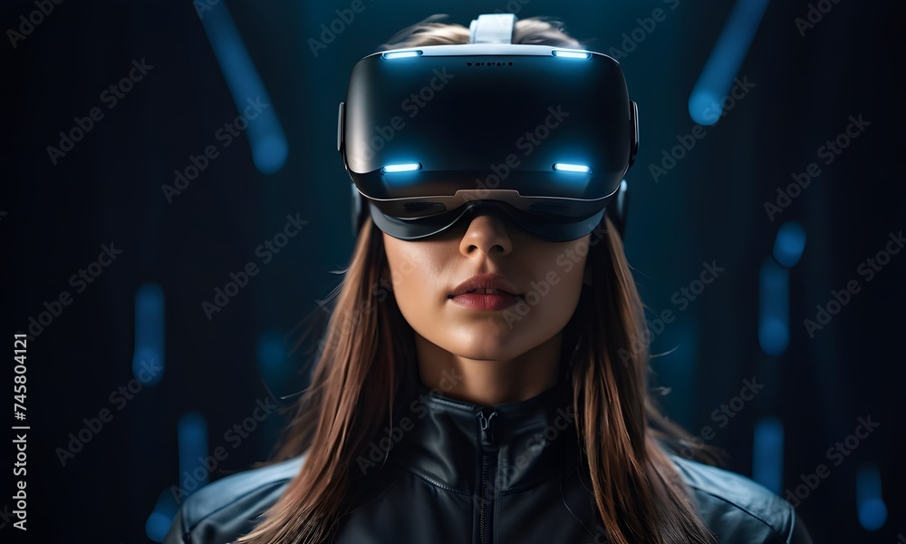 A futuristic gateway opens for a woman in a VR headset, the cool blue ...