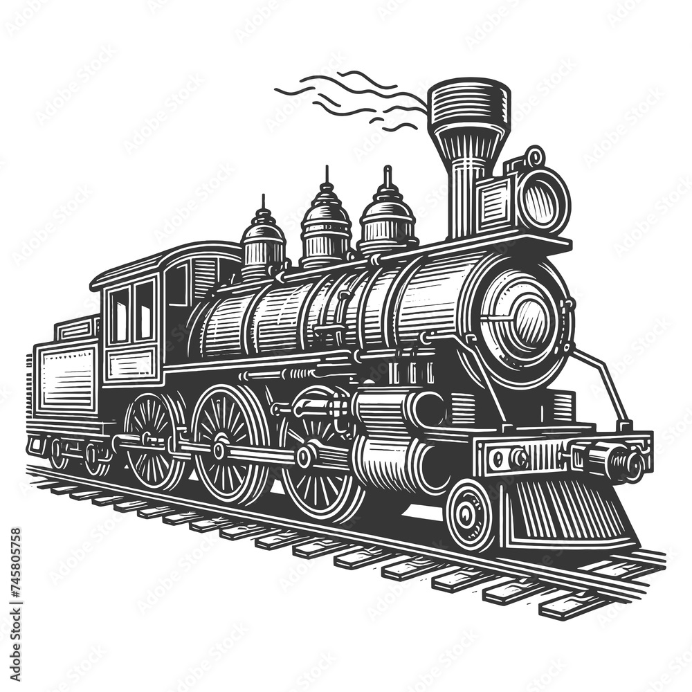 Steam locomotive train in steampunk style sketch engraving generative ...