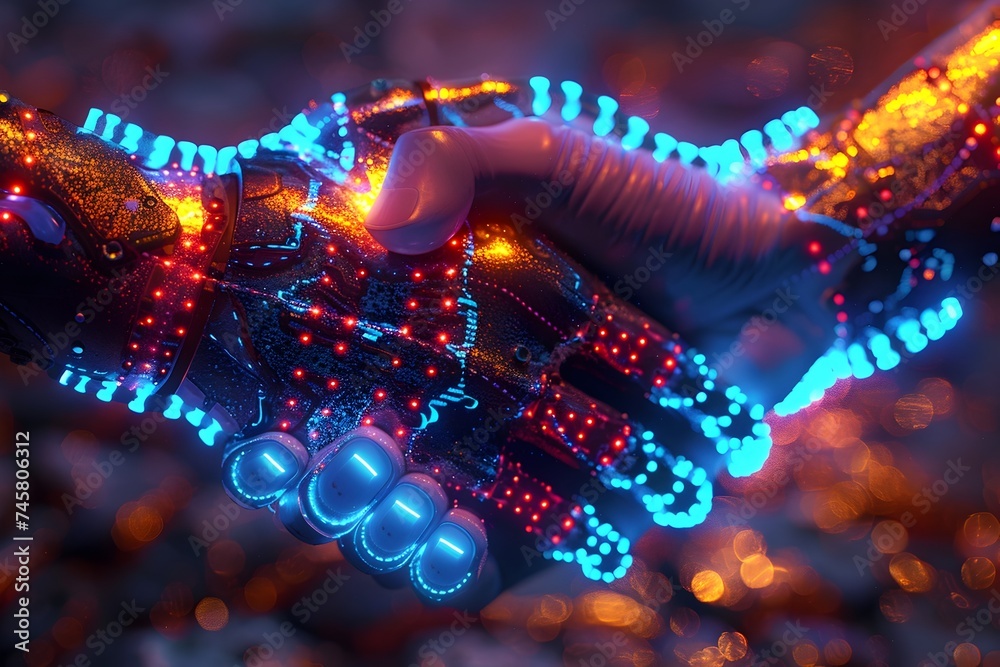 A modern and stylized handshake of a robot and a human in the style of ...