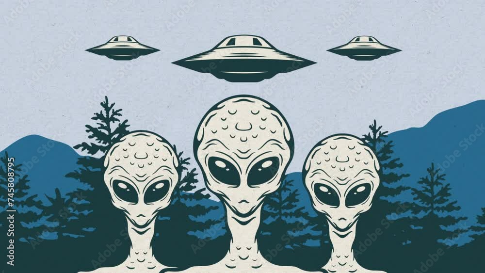 Flying saucers and aliens on the mountain background. Vector hand-drawn ...