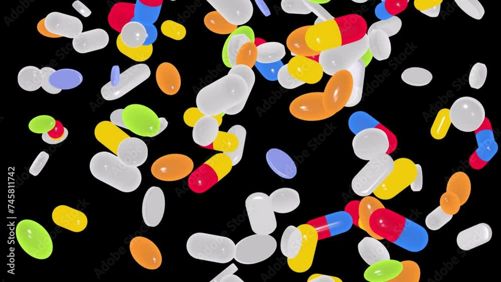 3d animation of medicine capsules and tablets floating in the air in ...