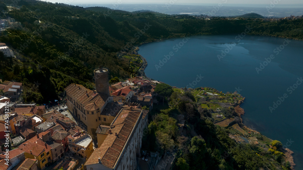 Aerial view of Nemi, a town of Castelli Romani regional park, in the ...
