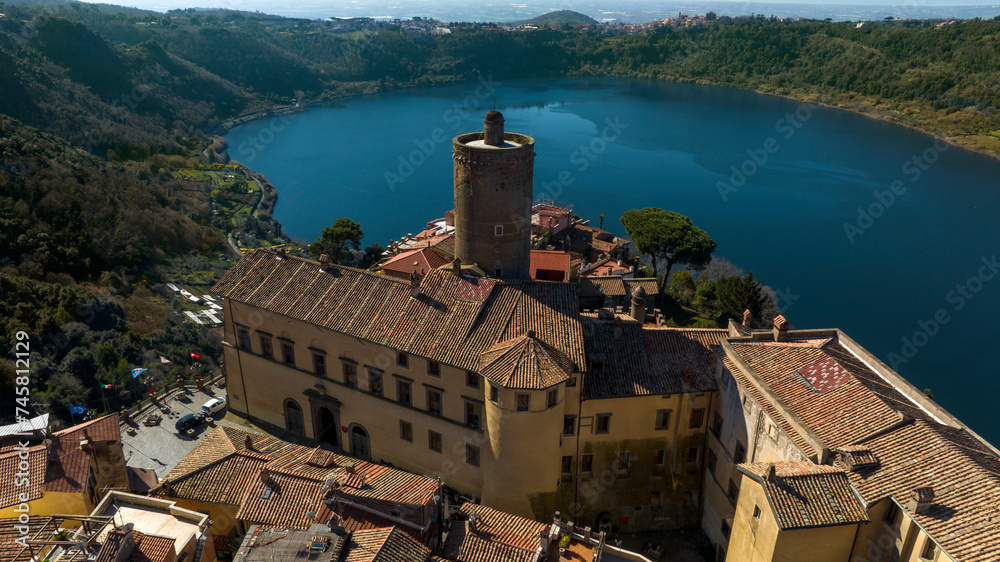 Aerial view of Nemi, a town of Castelli Romani regional park, in the ...