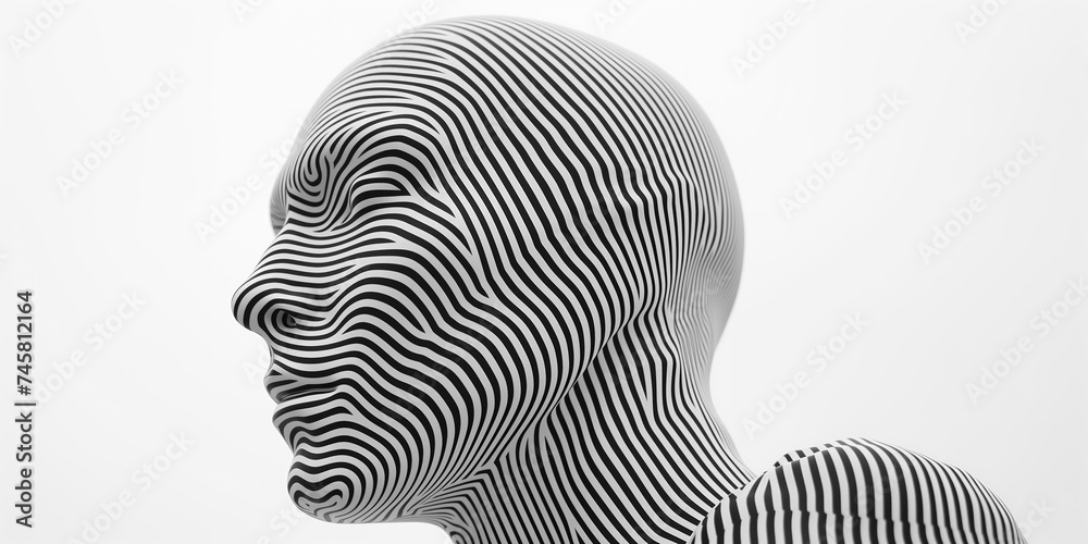 Black and white wavy outlines 3D illustration topographic face creating ...