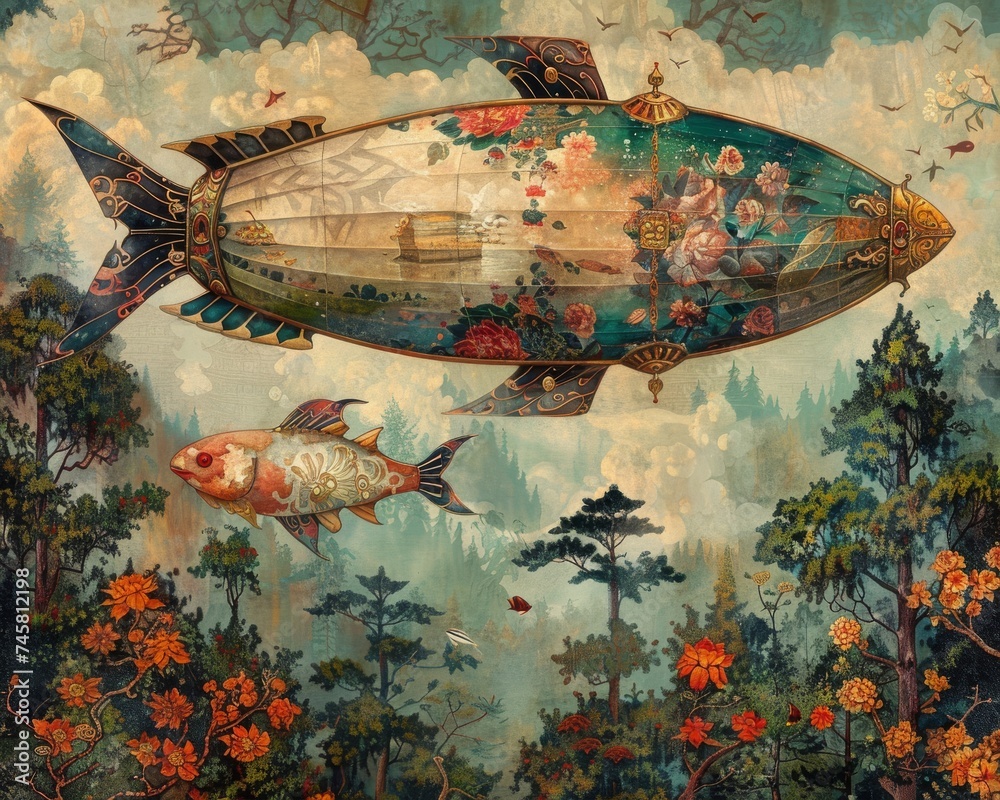 Mythical creatures in a whimsical zeppelin, overlooking an enchanting ...