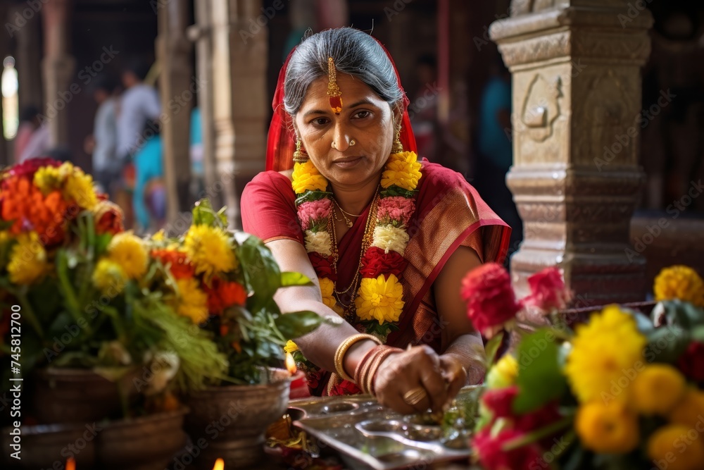 Middle-aged Hindu woman priest offering flowers to the deities in a ...