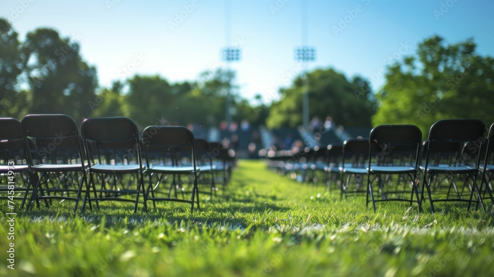 Graduation ceremony setup, chairs and podiums arranged on the field ...