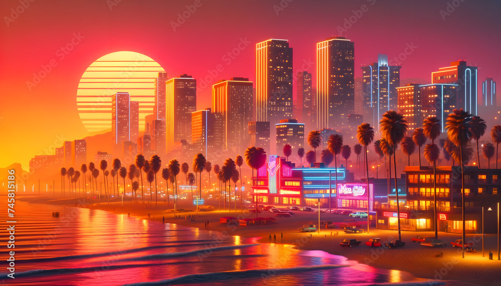 a stylized 3D art image of Vice City in the year 1984, showcasing the ...