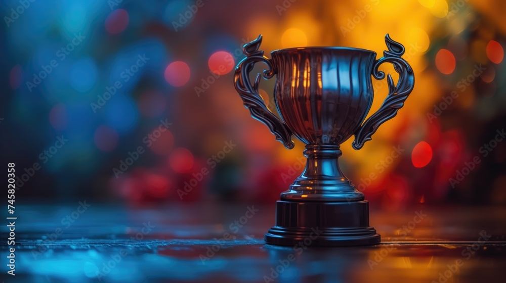 Trophy in Spotlight: A winner trophy is illuminated by a spotlight ...