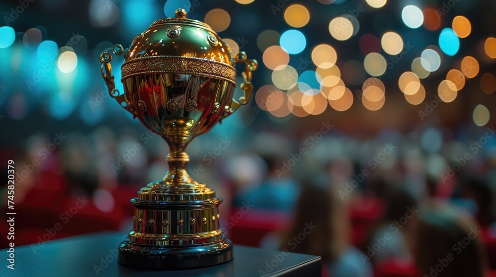Trophy in Spotlight: A winner trophy is illuminated by a spotlight ...