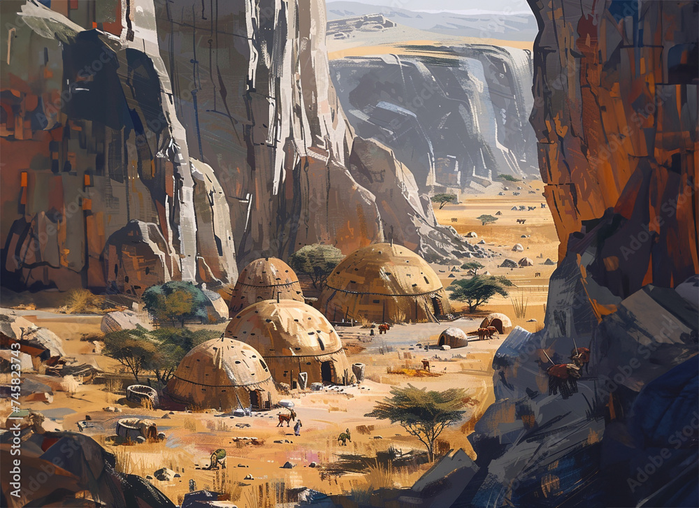 Fictional painting of a primitive desert village comprised of several ...