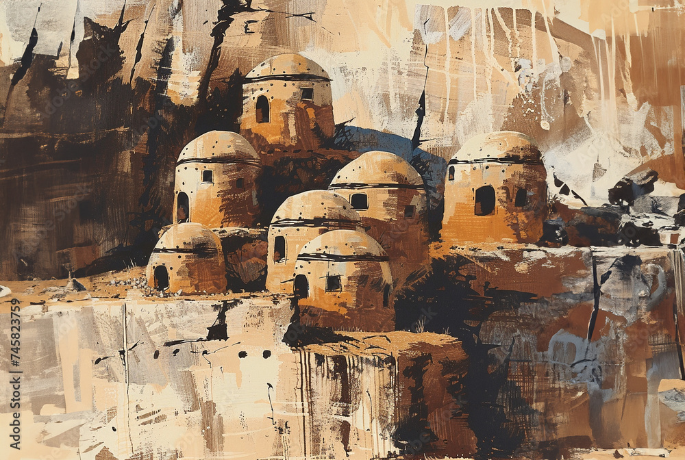Painting of a primitive desert village comprised of several small mud ...