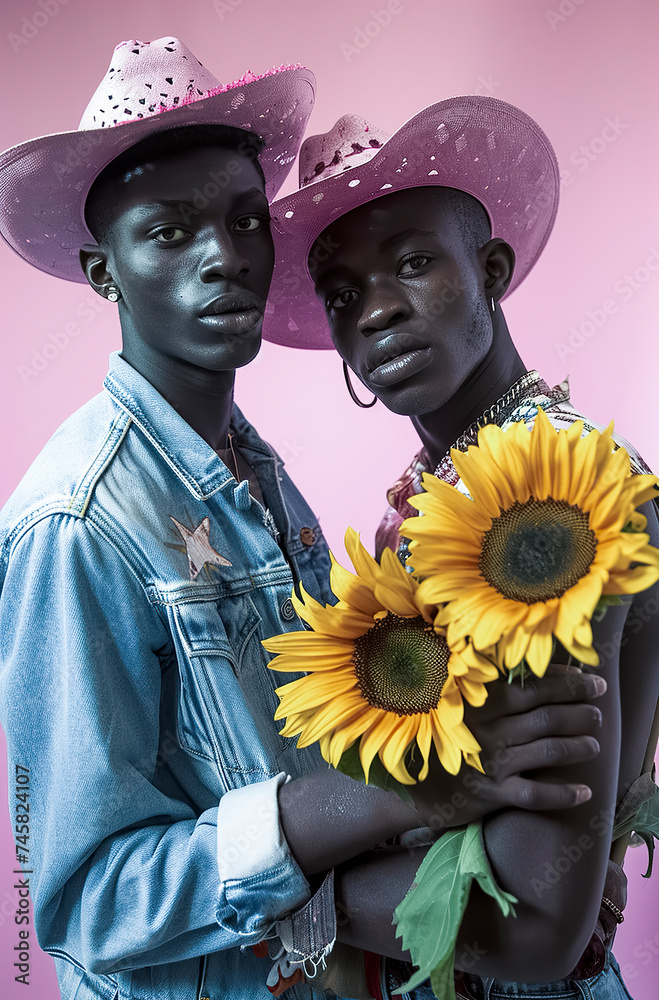two black guy men wearing cowboy hats and holding sunflowers, pose against a pink background, ai ...