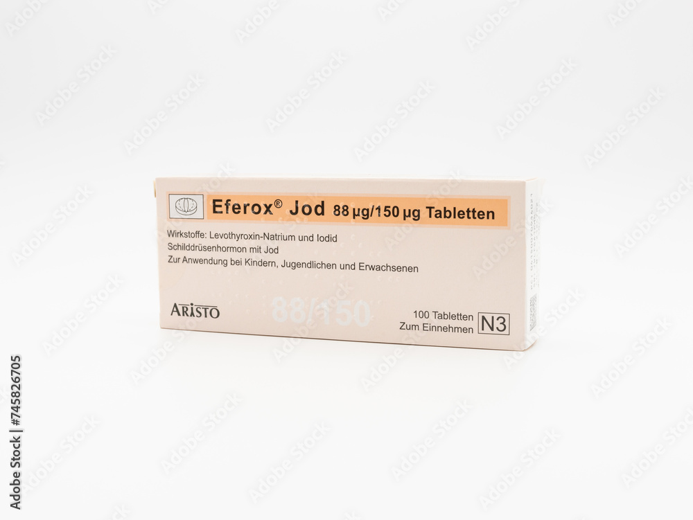DRESDEN, GERMANY - 22. February 2024: Eferox Jod pills from Aristo in a ...