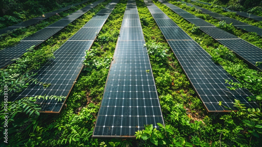 Solar panels amidst lush greenery - Rows of modern solar panels ...