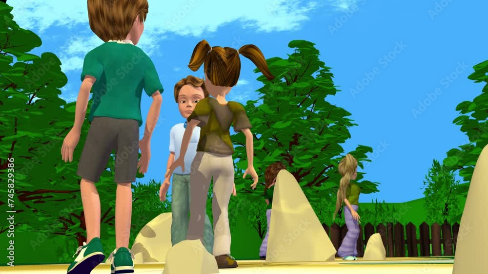 3d animation, three cartoons characters on discussion to the forest ...