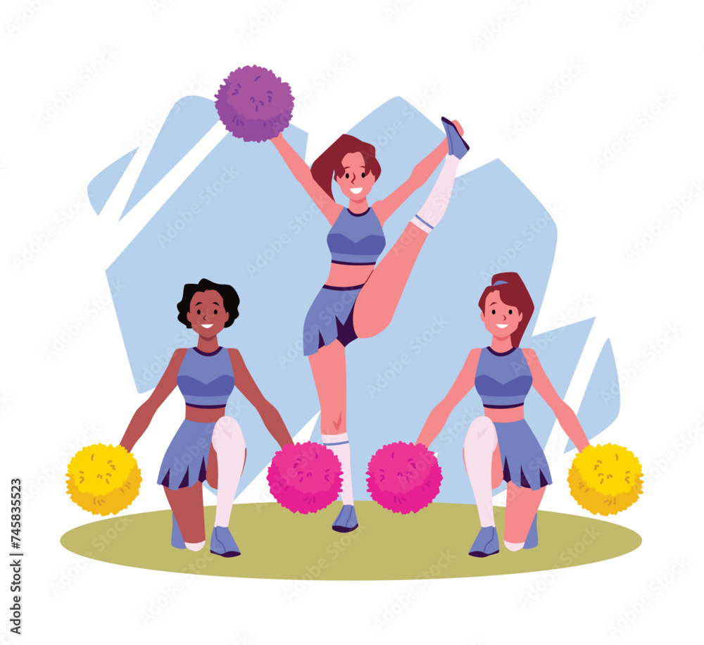 Cheerleading girls squad performing, vector cartoon cheerful sporty ...