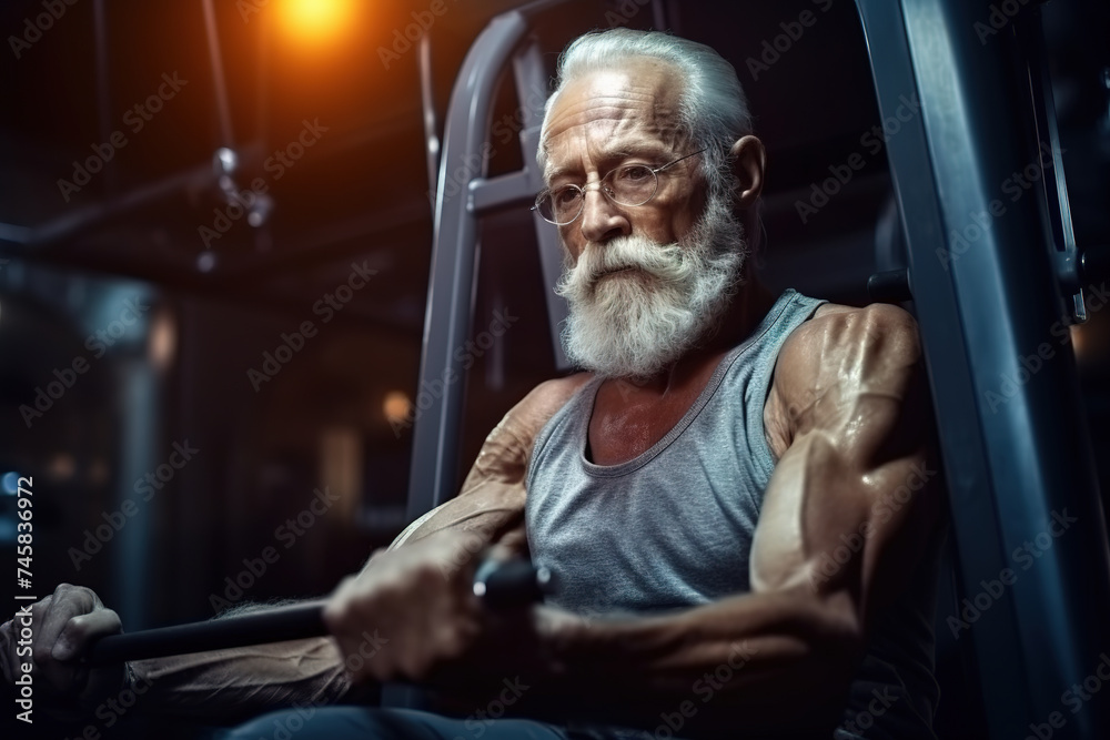 Senior man actively engaging in crossbar gym bodybuilding, focusing on ...