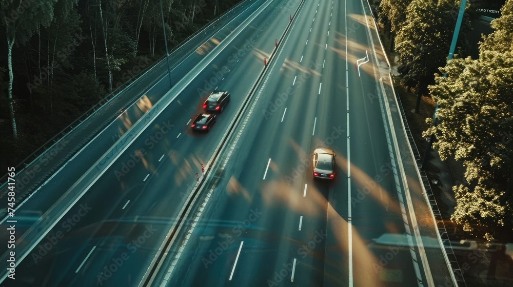 An aerial perspective capturing self-driving autopilot cars cruising ...