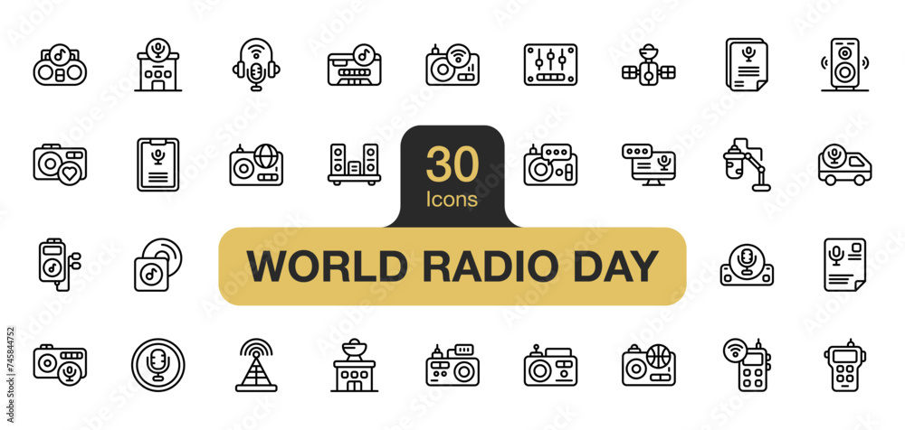 Set of 30 World radio day icon element sets. Includes live, on air ...