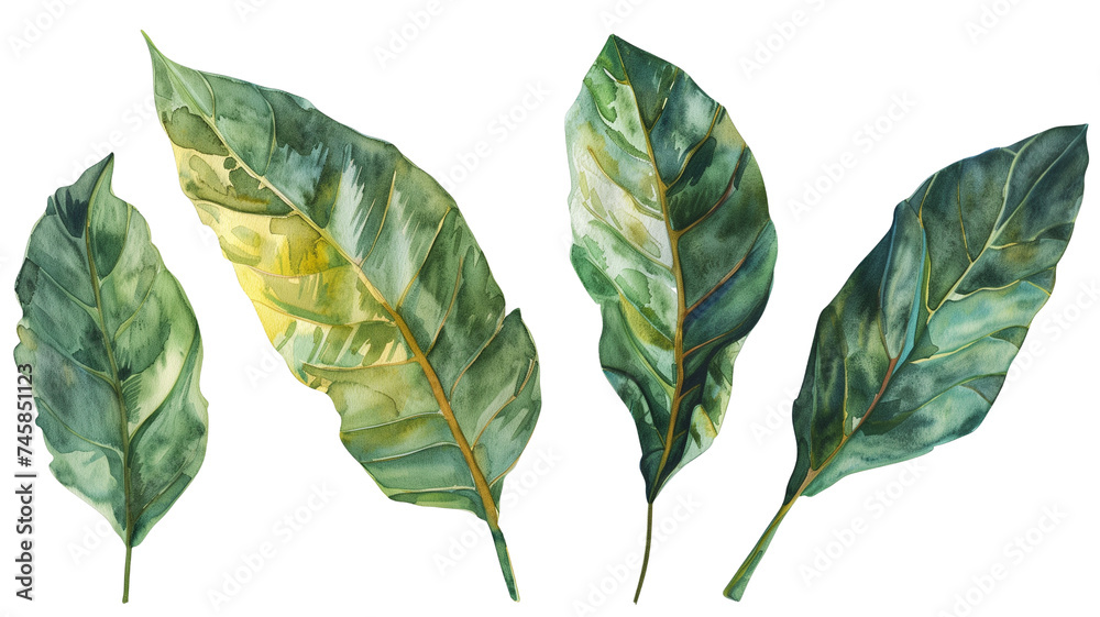 set of watercolor tropical leaves, isolated on transparent background ...