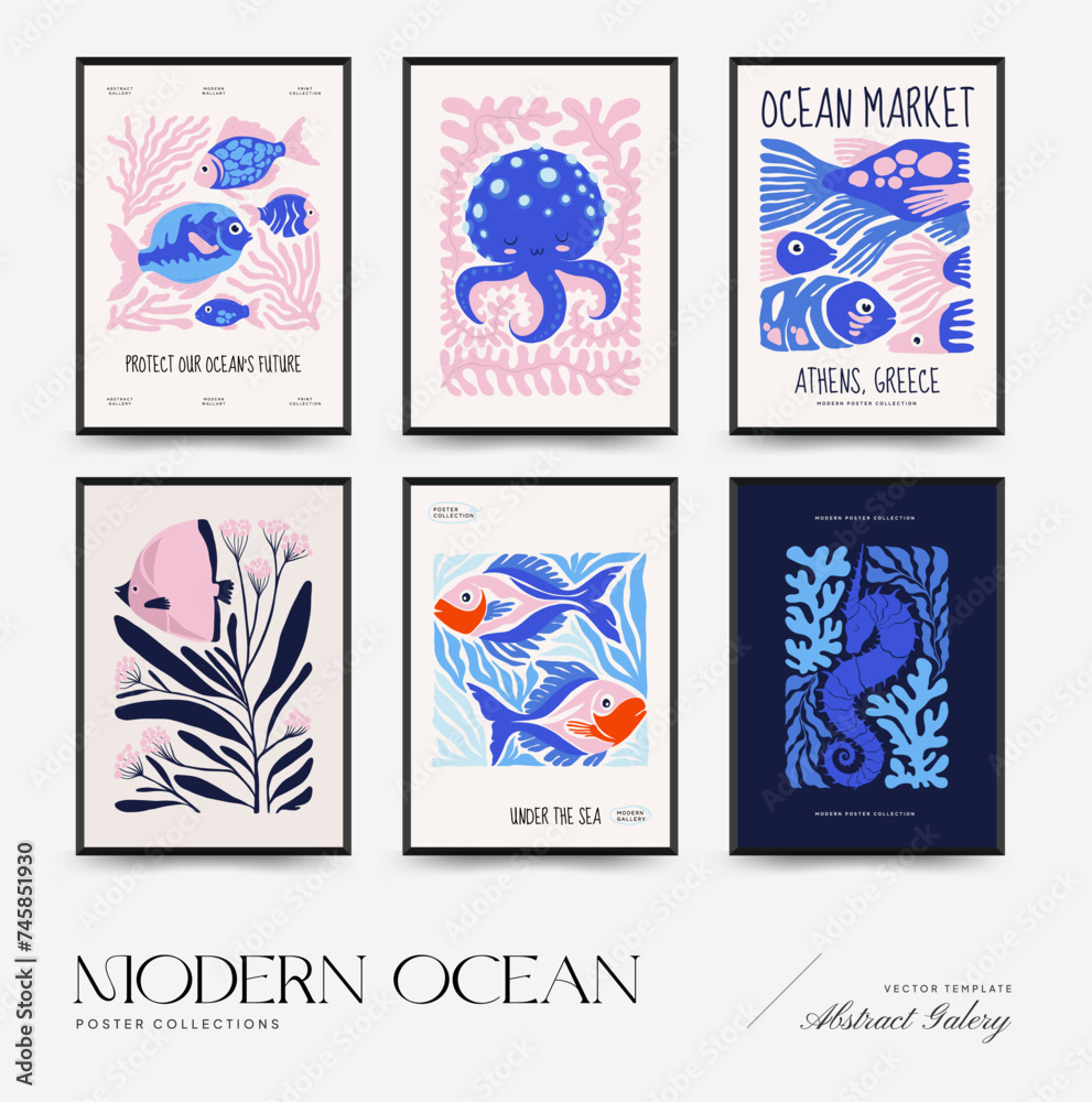 Underwater world, ocean, sea, fish and shells vertical flyer or poster ...