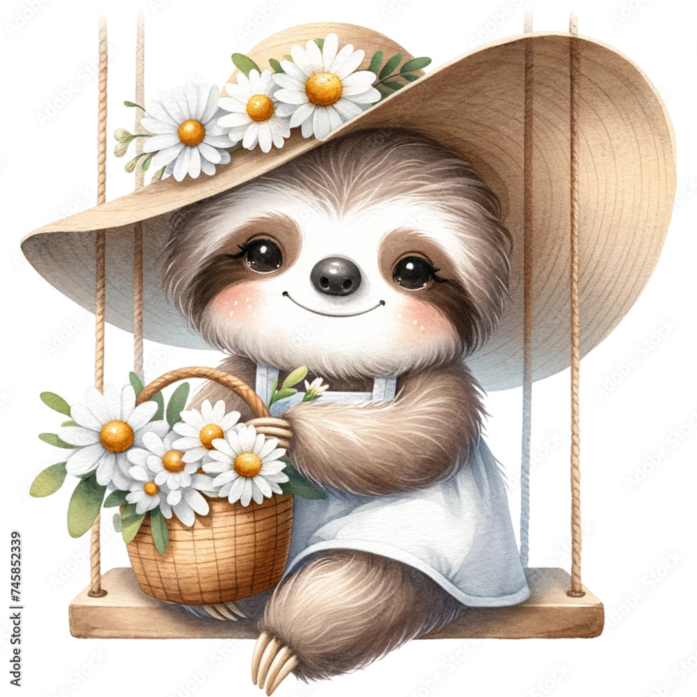 cute watercolor sloth with daisy flowers,spring sloth.cute baby sloth ...