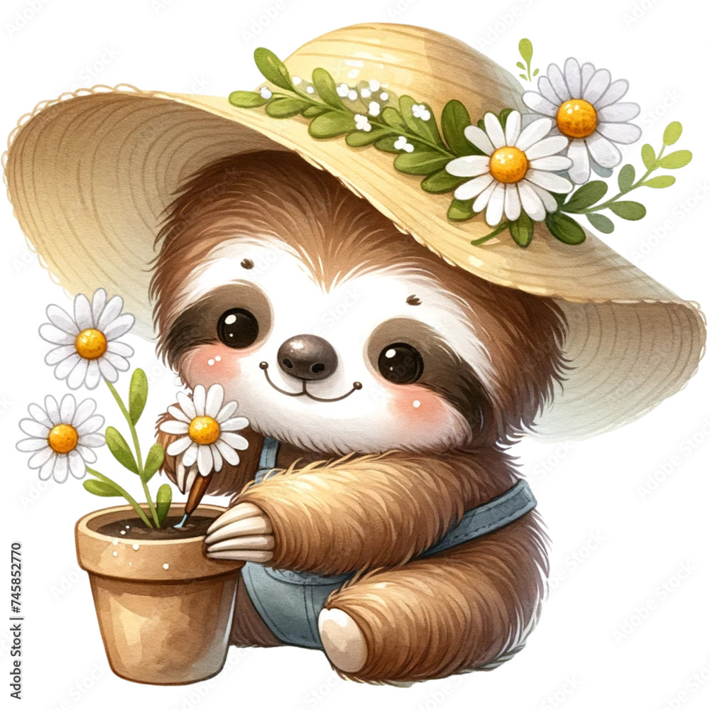 cute watercolor sloth with daisy flowers,spring sloth.cute baby sloth ...
