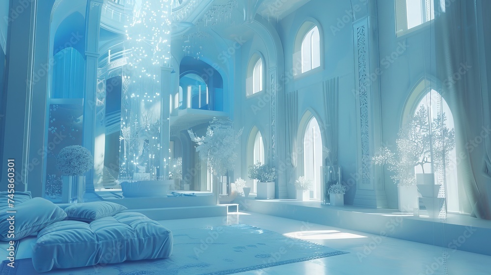 Beauty of an interior illuminated by soft blue colors, where gentle ...