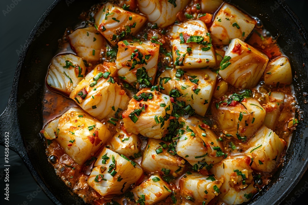 Bacalao a la Vizcana on a black background top view Spanish Cuisine ...