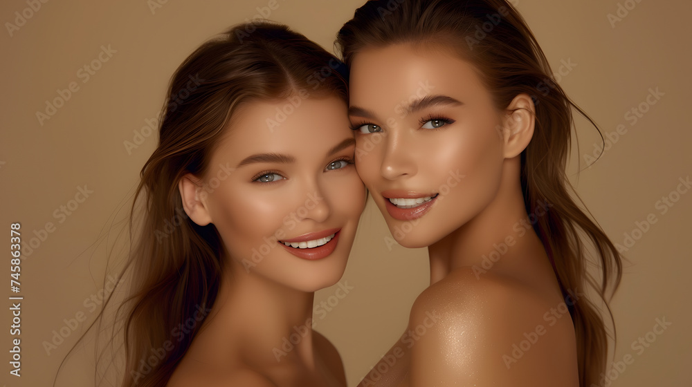 Two smiling models exhibit perfect makeup looks and flawless skin ...
