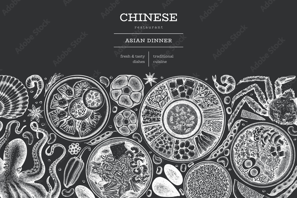 Chinese Cuisine Chalk Board Design Template. Vector Hand Drawn Asian ...