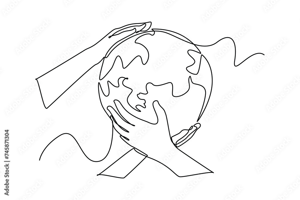 Continuous one line drawing of hand protect earth ozone layer. Protects ...