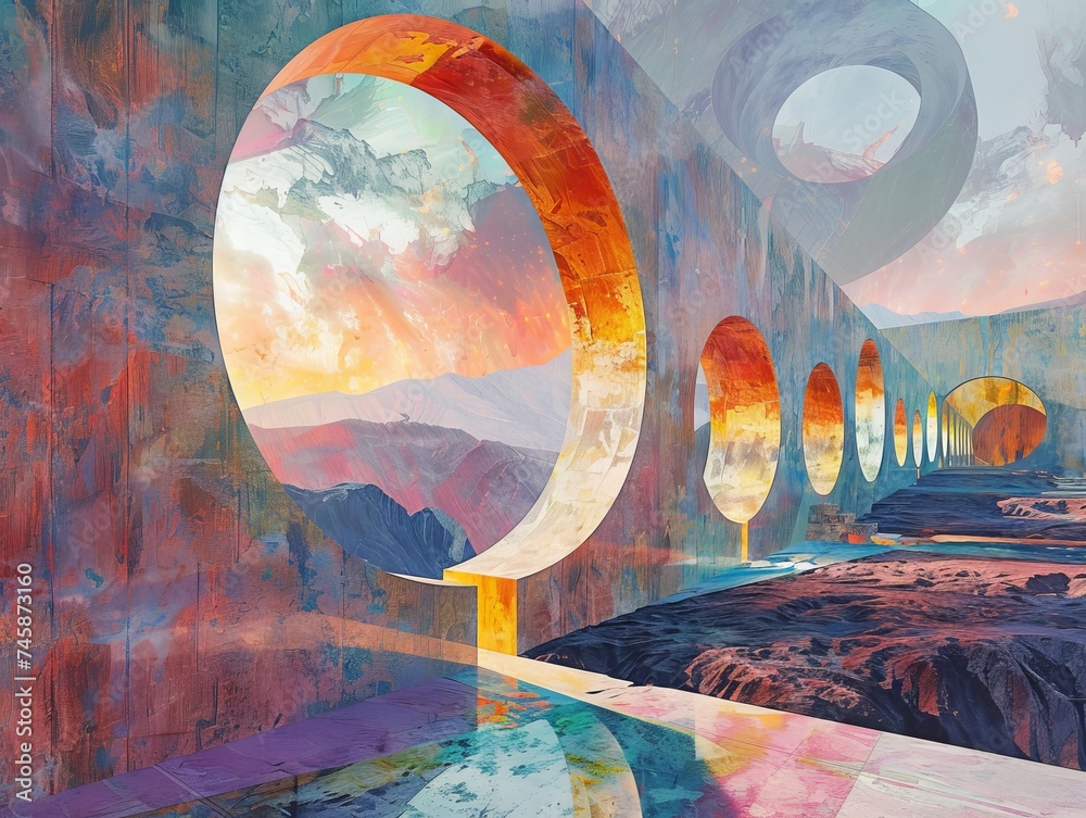 Watercolor complex of a cosmic renewable world with floating arcades ...