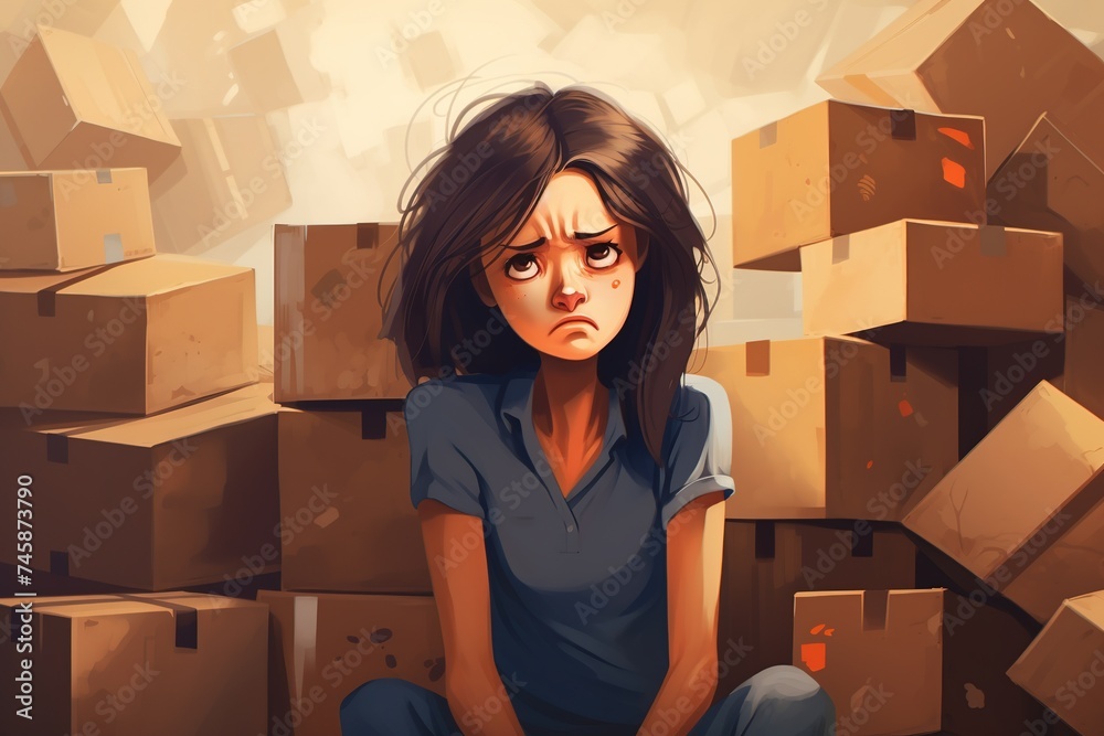 Moving stress, moving boxes stacked and next to each other in the room ...