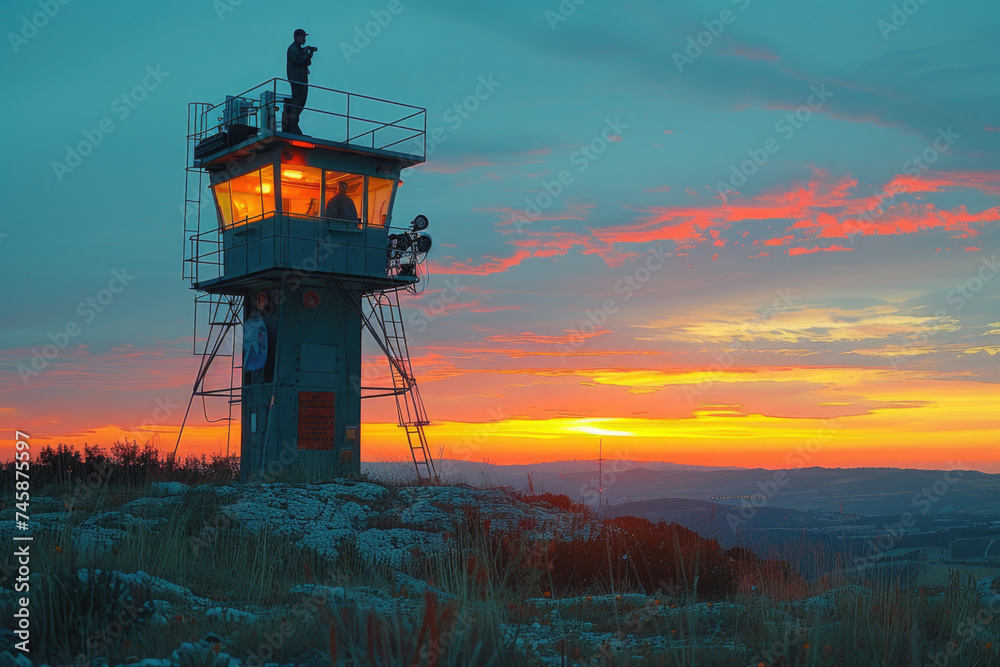 At sunset, a figure stands atop a weather tower, capturing the ...