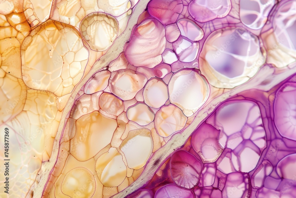 the cross section of a plant root under a microscope revealing cellular ...